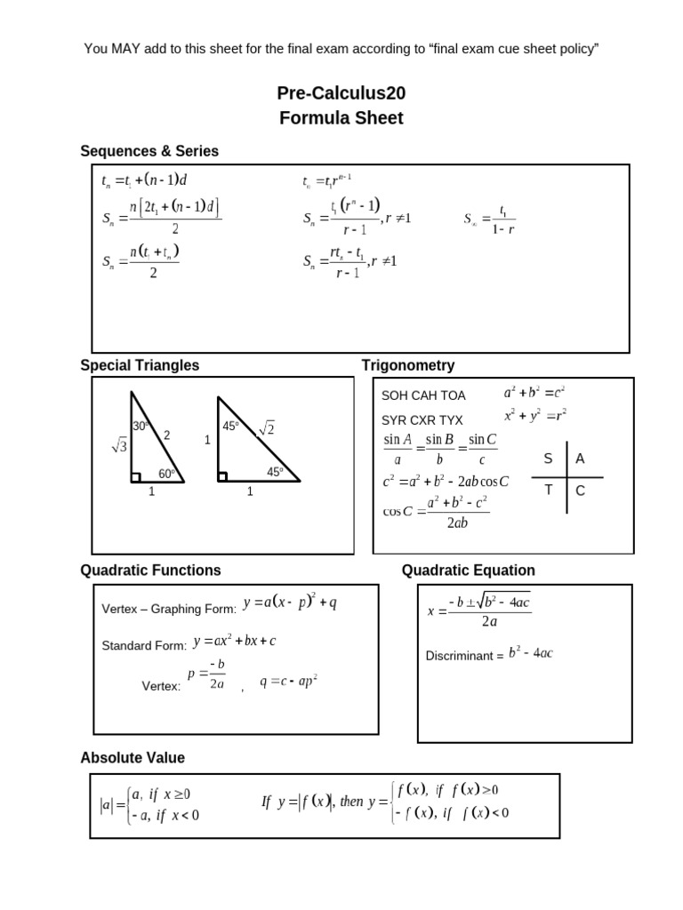 Pre Calc 20 Formula Sheet Maxwell Pdf