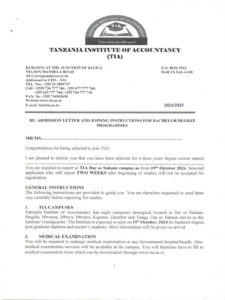 Bachelor Degree Joining Instructions Dar Es Salaam 1 3 Compressed | PDF
