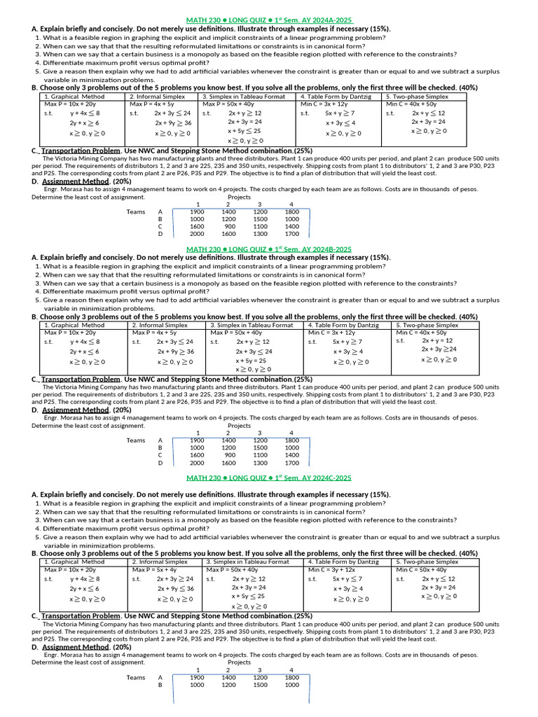 Math 230 Lq 1st Sem Ay 24-25 | PDF | Linear Programming | Profit ...