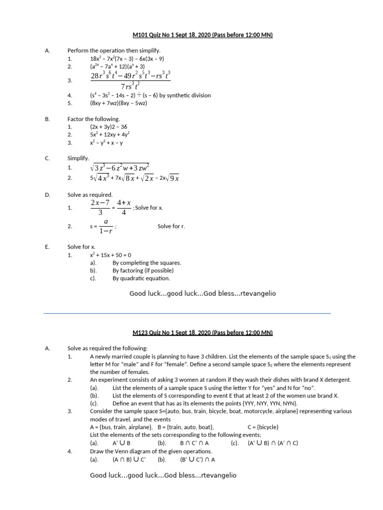 Math Quiz Solutions and Exercises | PDF | Integral | Trigonometric ...