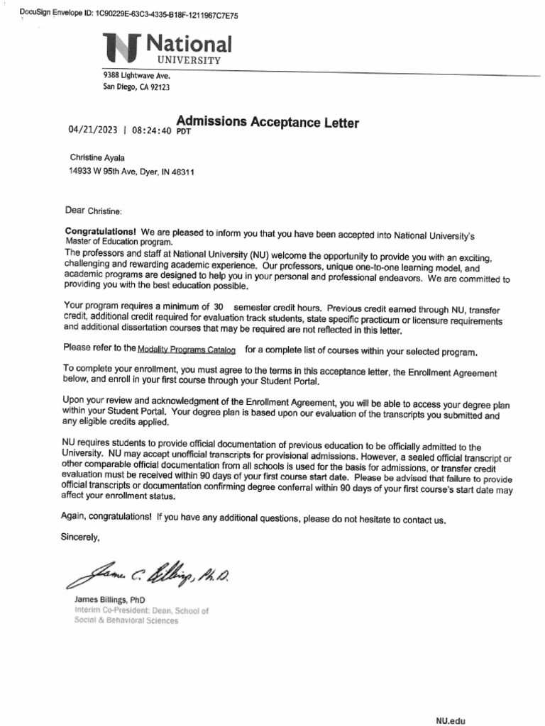 NU Acceptance Letter | PDF
