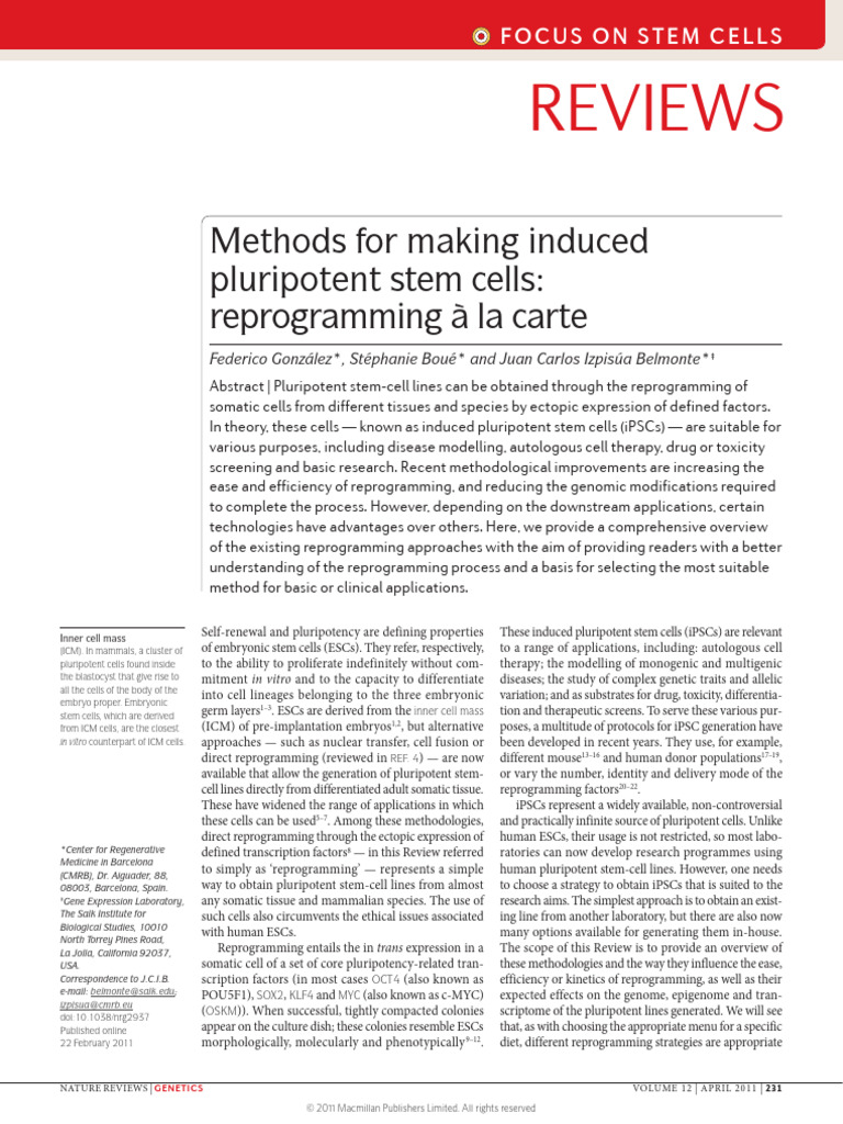 Methods for making induced pluripotent stem cells: reprogramming à la carte | PDF | Cell Potency ...
