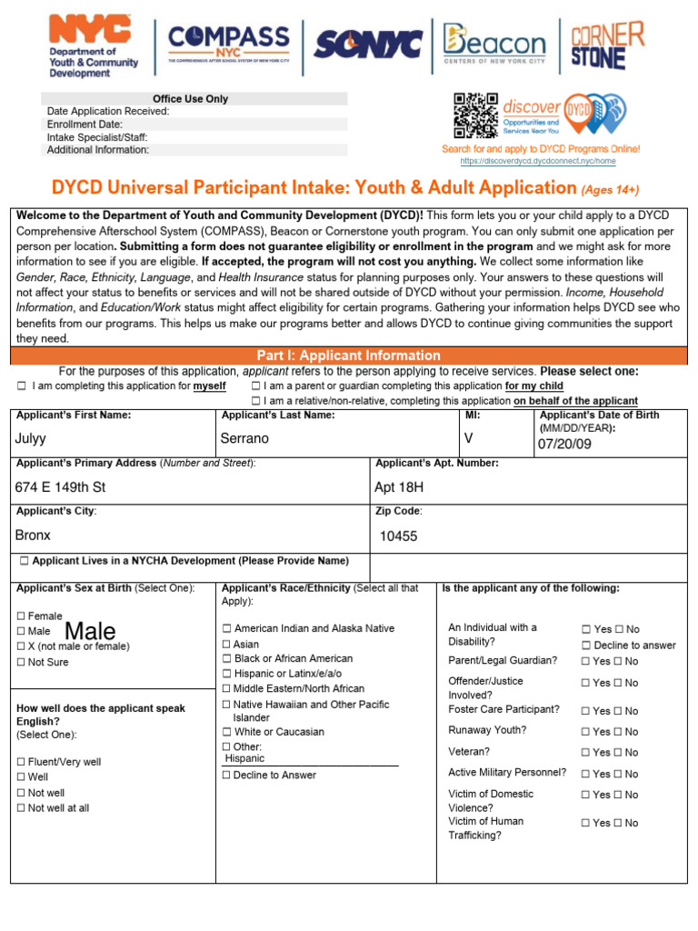 DYCD Youth & Adult Application Form | PDF | Students