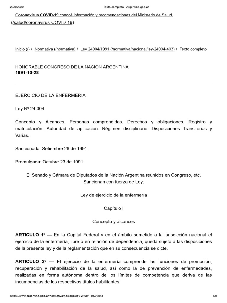 Ley 24.004 Ley Del Ejercicio de La Profesión | PDF | Enfermería ...