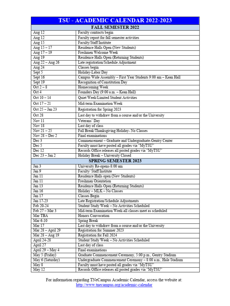 TSU Academic Calendar 2022-2023 | PDF | Academic Term | Academia