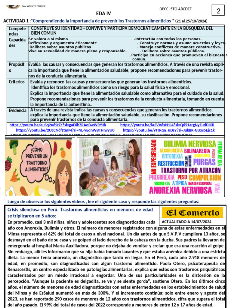 + II ACT - DPCC- EDA IV - 5TO DE SEC- 2024 - PARA EL ALUMNO | PDF | Desorden alimenticio ...