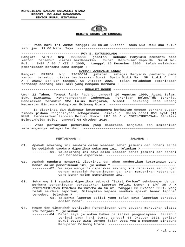 BA INTRO SAKSI KRB RENALDI BONDE | PDF