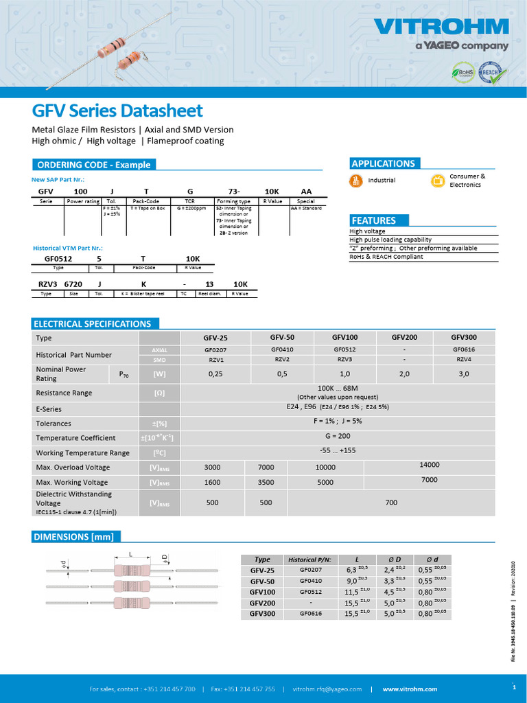 Vitrohm GFV Film High Voltage Resistor Datasheet | PDF | Resistor ...