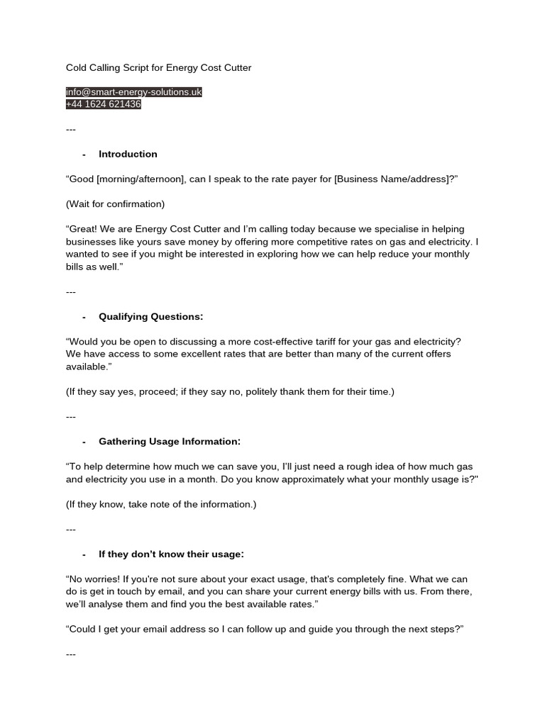 Cold Calling Script For Energy Cost Cutter | PDF
