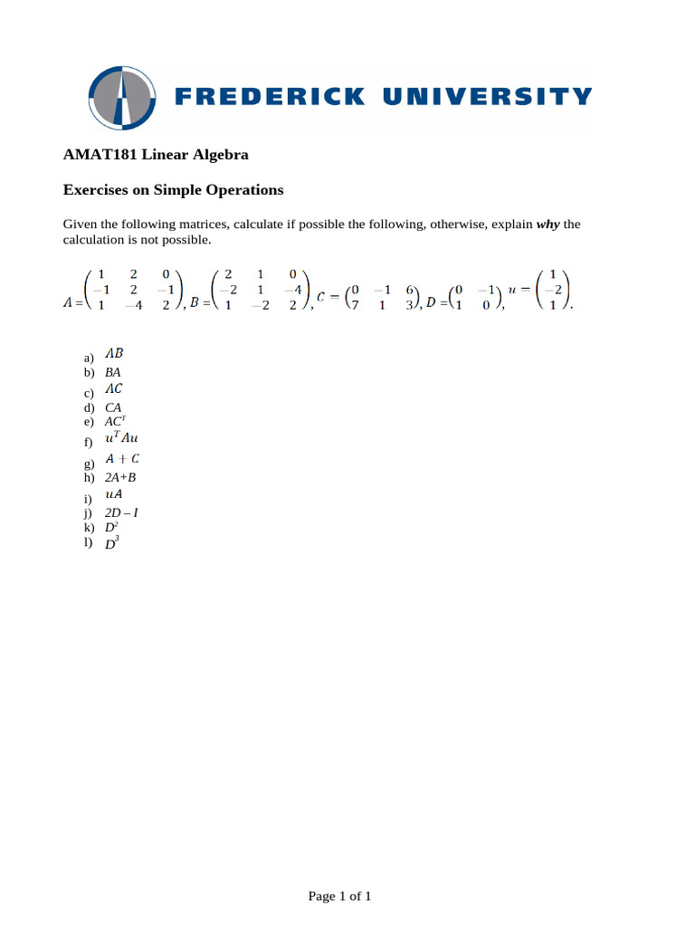 Linear Algebra Matrix Operations Exercises | PDF