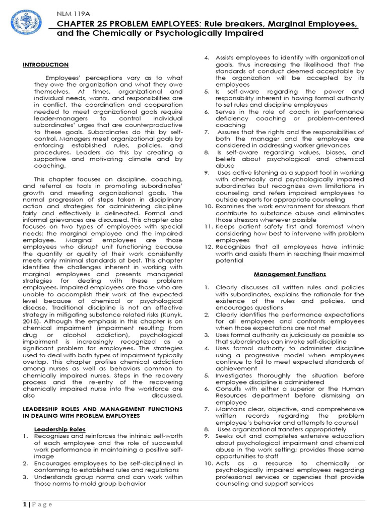 CHAPTER 25 PROBLEM EMPLOYEES Rule Breakers Marginal Employees and The ...