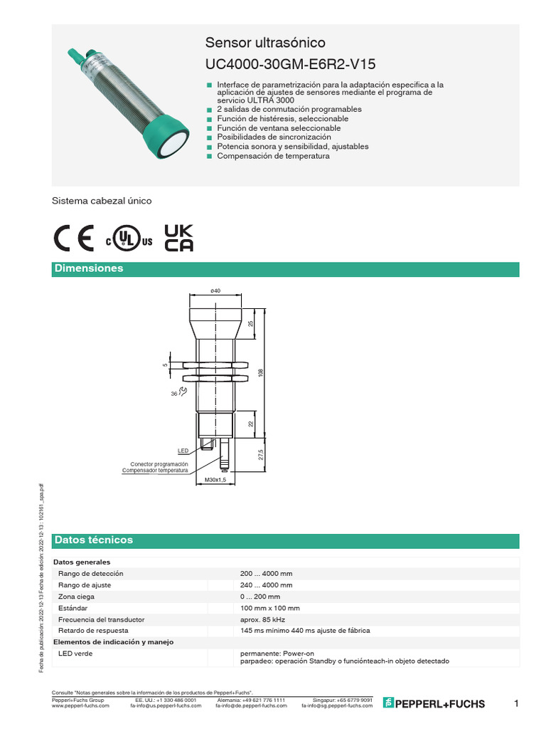 Sensor Ultrasónico UC4000-30GM-E6R2-V15: Dimensiones | PDF | Conector ...