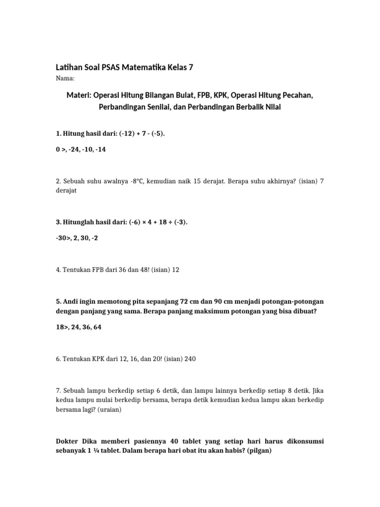 Latihan Soal Matematika Kelas 7 | PDF