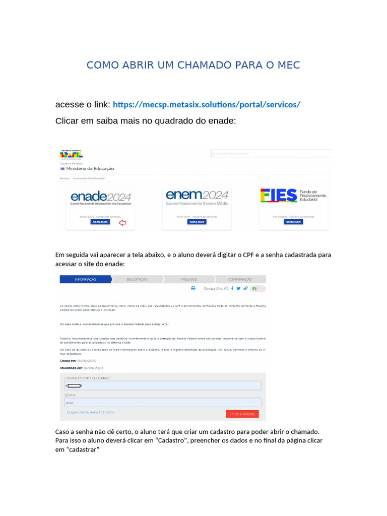 TUTORIAL CHAMADO PARA O MEC - Problemas Sistema | PDF