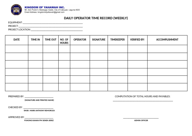 Weekly Operator Time Record Template | PDF
