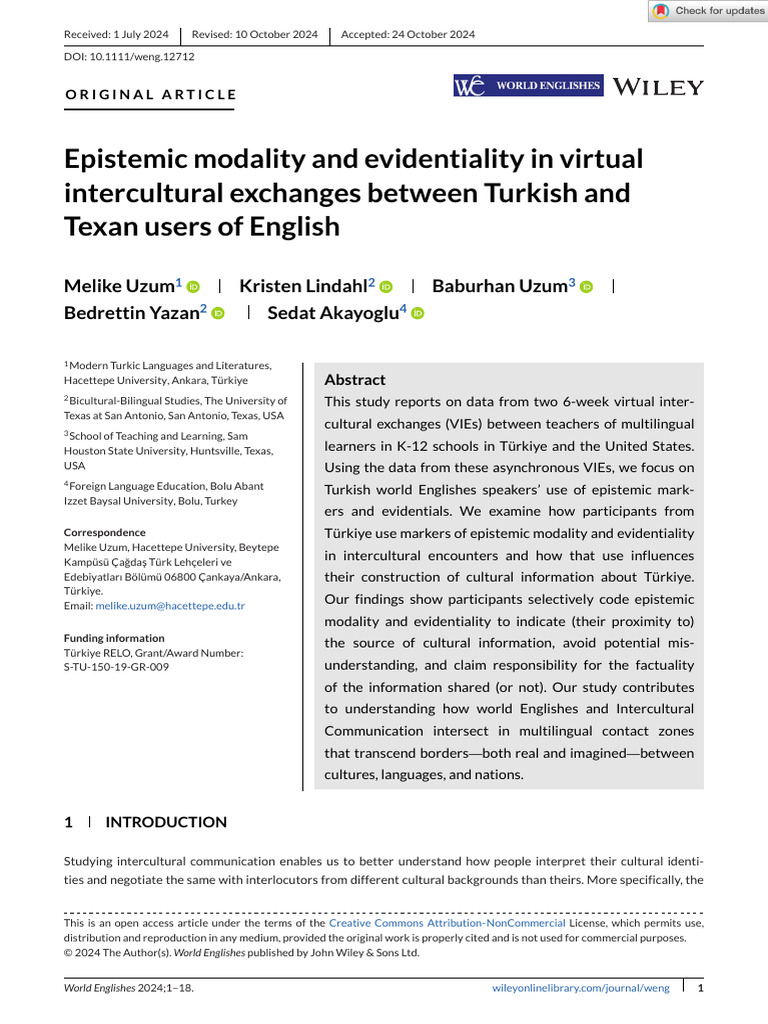 World Englishes - 2024 - Uzum - Epistemic modality and evidentiality in virtual intercultural ...