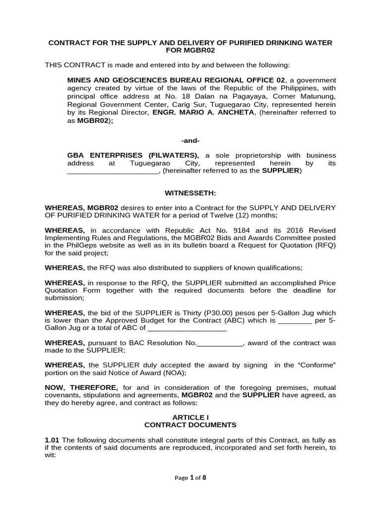 Water Supply Agreement for MGBR02 | PDF | Surety | Legal Liability