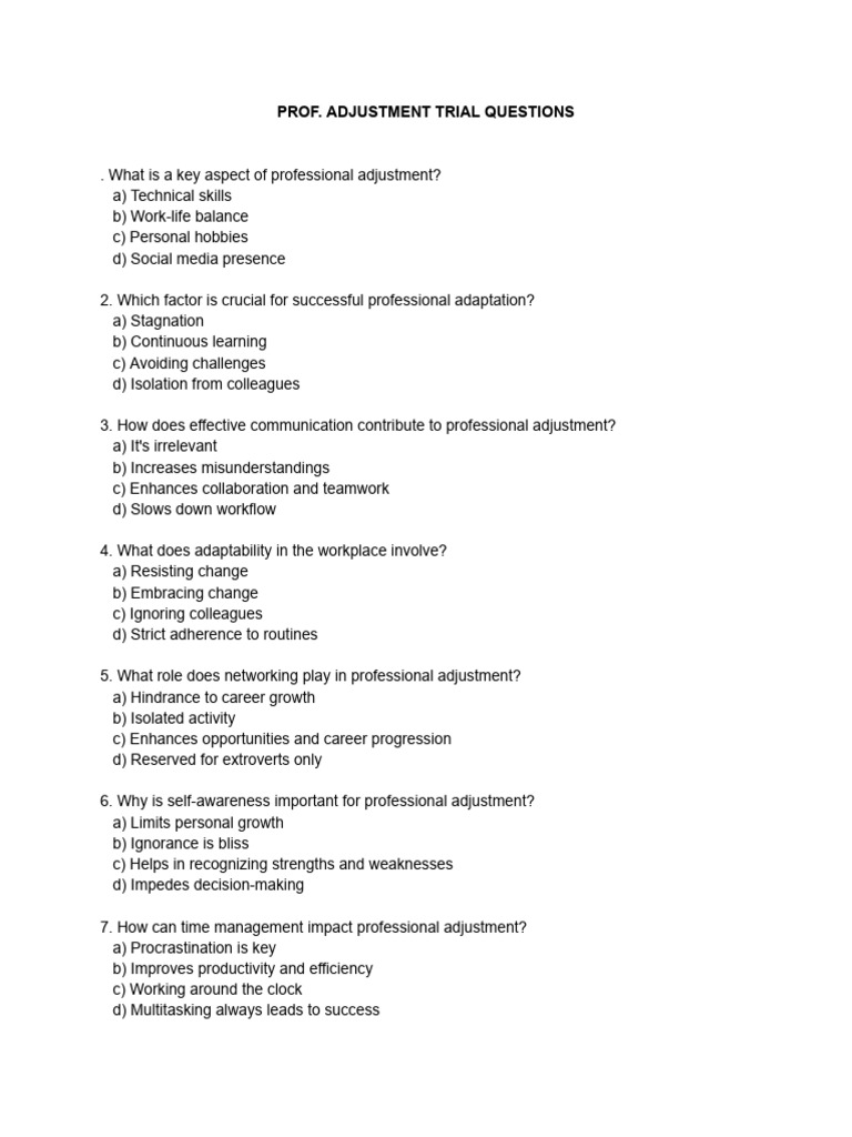Professional Adjustment Quiz Questions | PDF | Psychological Resilience ...