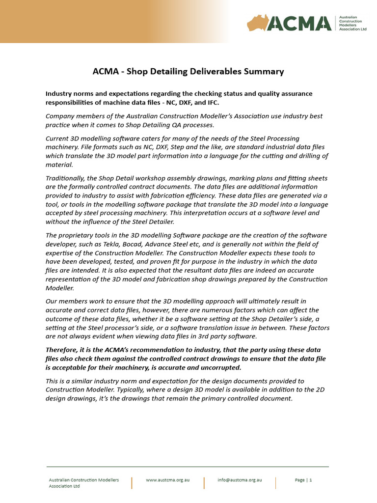 ACMA Shop Detailing Deliverables Summary | PDF | Software | 3 D Modeling