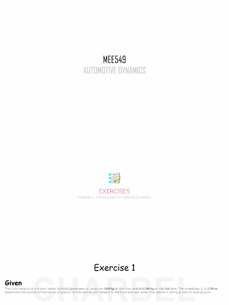 Chapter 1 Exercises - Solution - Introduction To Vehicle Dynamics | PDF