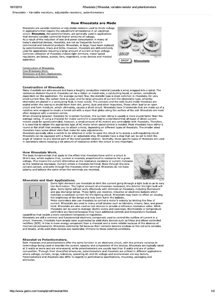 Rheostats - Rheostat, Variable Resistor and Potentiometers | PDF