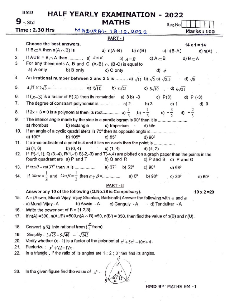 2022 Half-Yearly Maths Exam for 9th Grade | PDF | Triangle | Circle