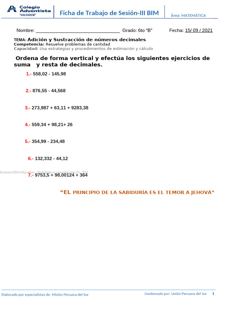 Ficha. Mate - Adición y Sustracción de Números Decimales. | PDF