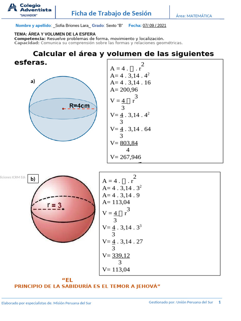 Área y Volumen de La Esfera | PDF