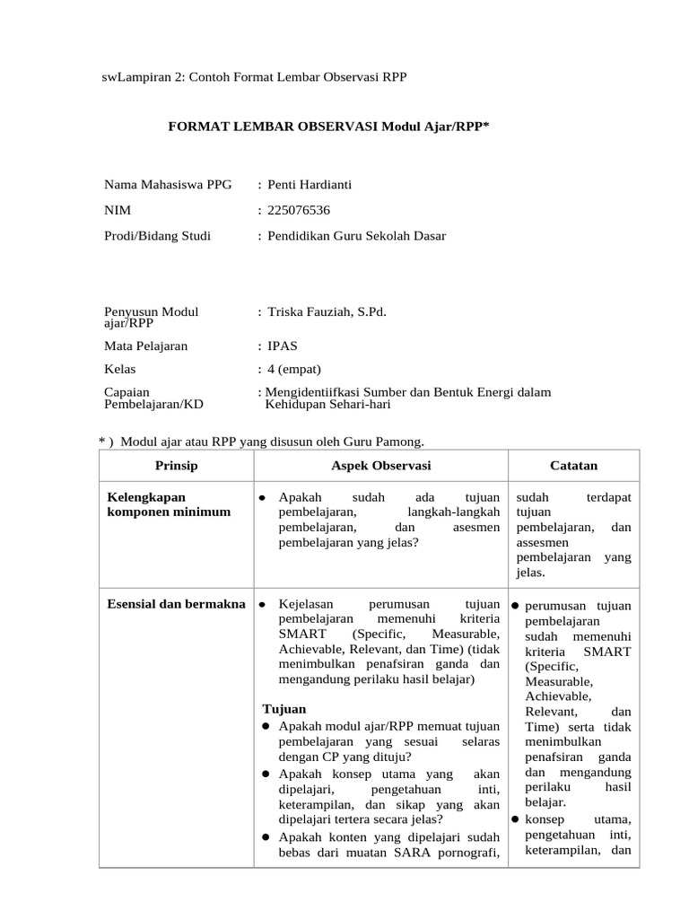 Lampiran 2 - Contoh Format Lembar Observasi RPP | PDF
