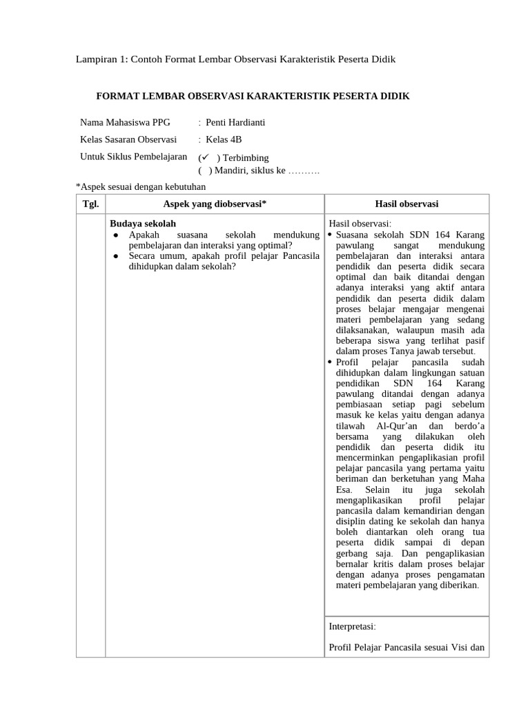 Lampiran 1 - Contoh Format Lembar Observasi Karakteristik Peserta Didik ...