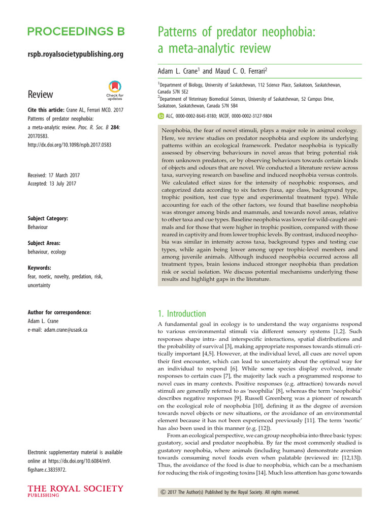 Crane Et Al 2017 Patterns of Predator Neophobia A Meta Analytic Review ...