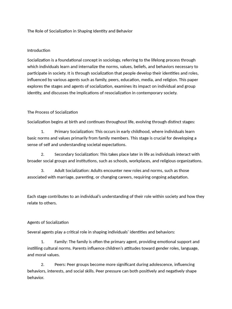 Soci 102 The Role of Socialization in Shaping Identity and Behavior | PDF | Socialization ...