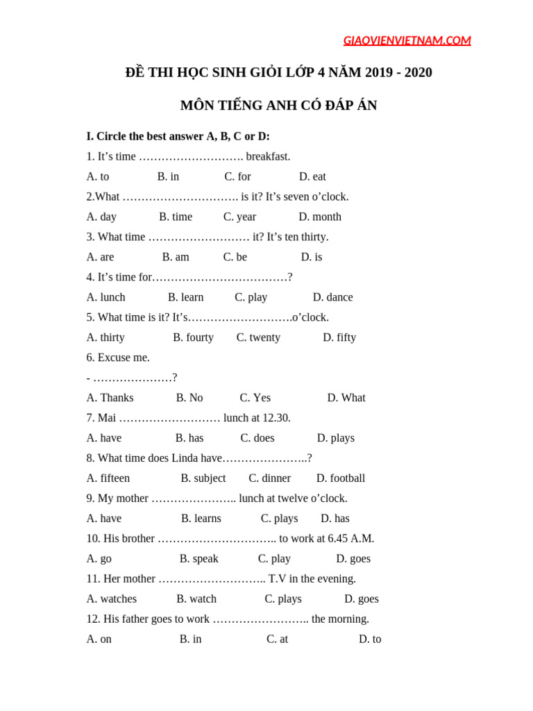 De Thi Hoc Sinh Gioi Lop 4 Mon Tieng Anh 2019 | PDF | Eating Behaviors ...