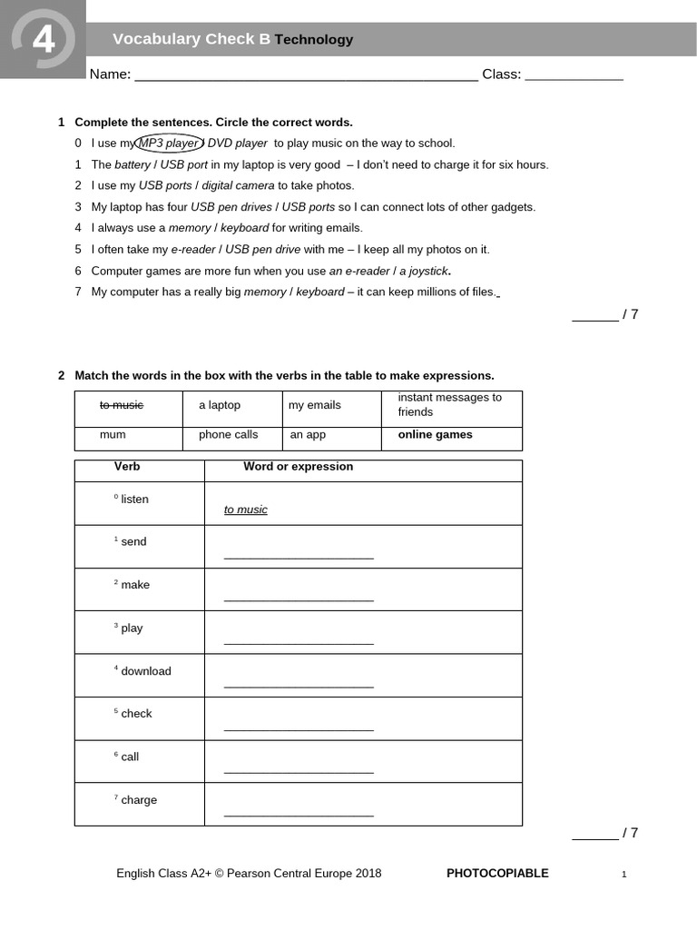ECA2 _Tests_Vocabulary Check 4B_2018 | PDF | Laptop | E Reader