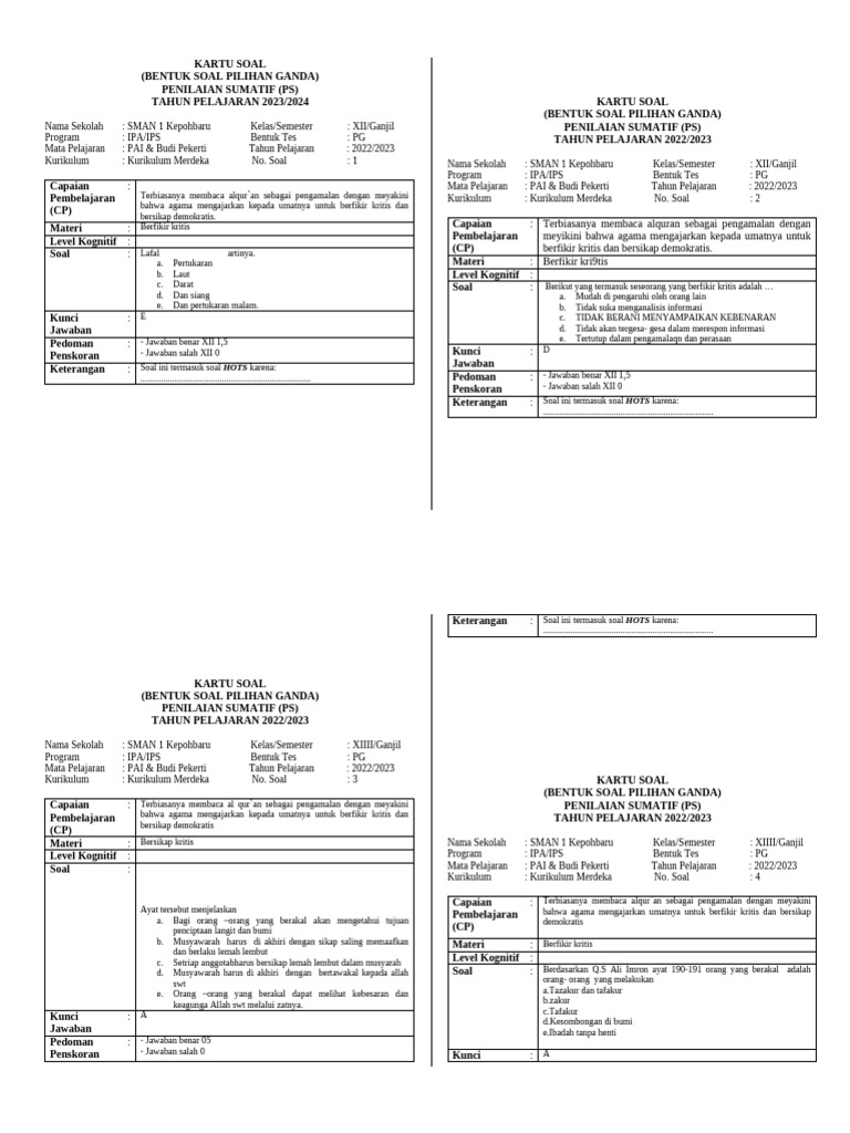 FORMAT KARTU SOAL PENILAIAN SUMATIF KELAS X | PDF