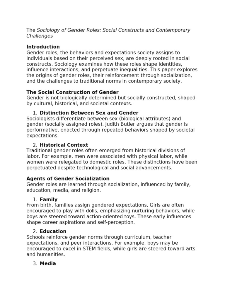The Sociology of Gender Roles Social Constructs and Contemporary ...
