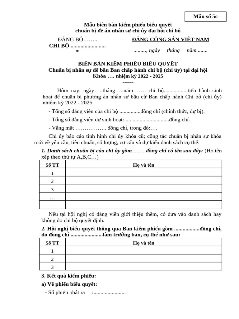 5c. Mẫu 5c BB kiẻm phiếu giới thiệu nhân sự chi ủy | PDF