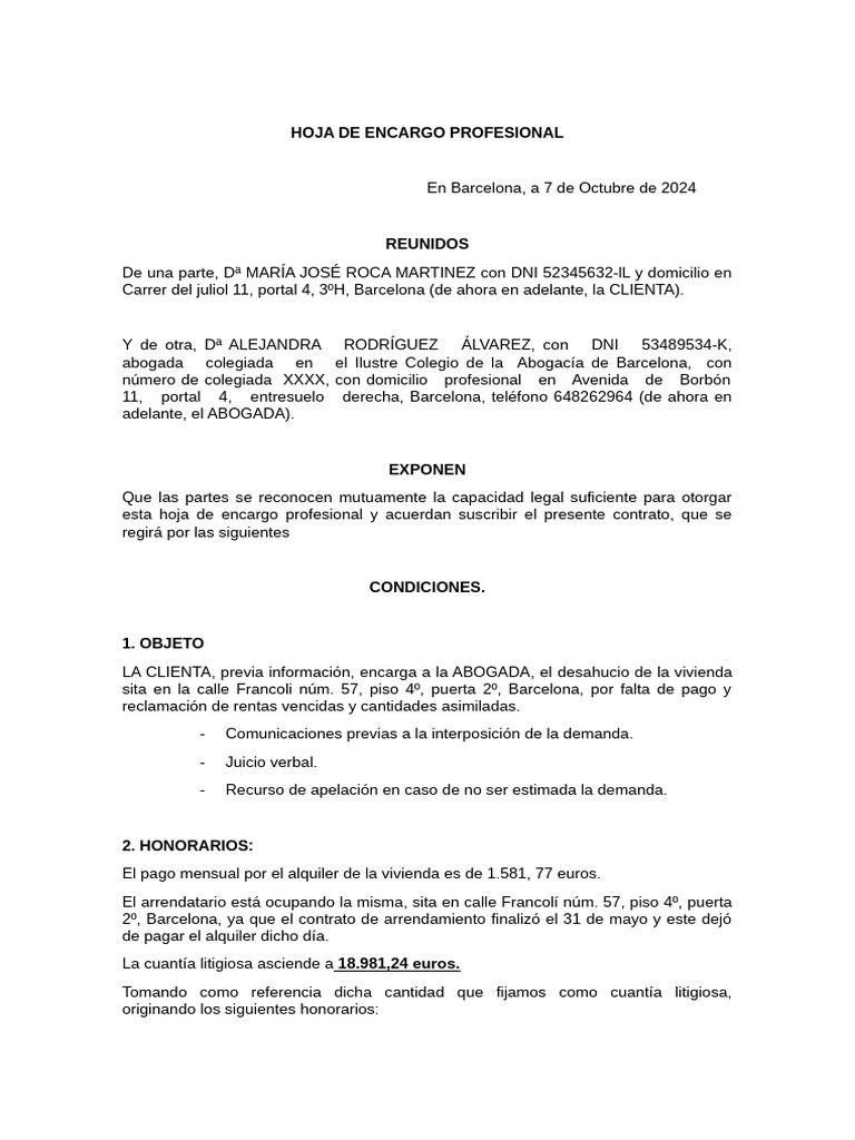 Hoja de Encargo Profesional Abogado | PDF | Abogado | Desalojo