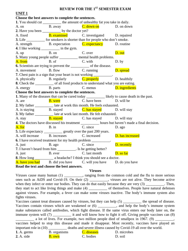 Review For The 1st Semester Exam Pdf Virus Family