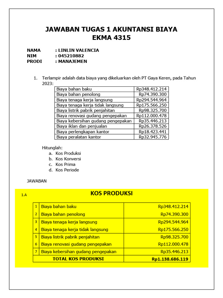 LINLIN VALENCIA TUGAS1 EKMA4315 AKUNTANSI BIAYA MANAJEMEN | PDF