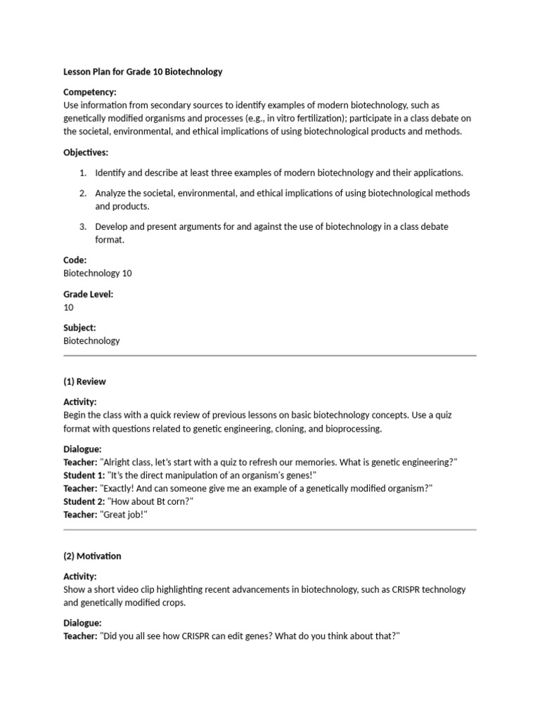 Lesson Plan for Grade 10 Biotechnology | PDF | Biotechnology | Genetic ...