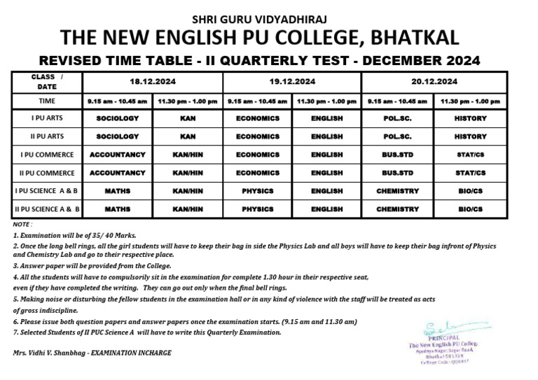 Revised II Quarterly Time Table | PDF