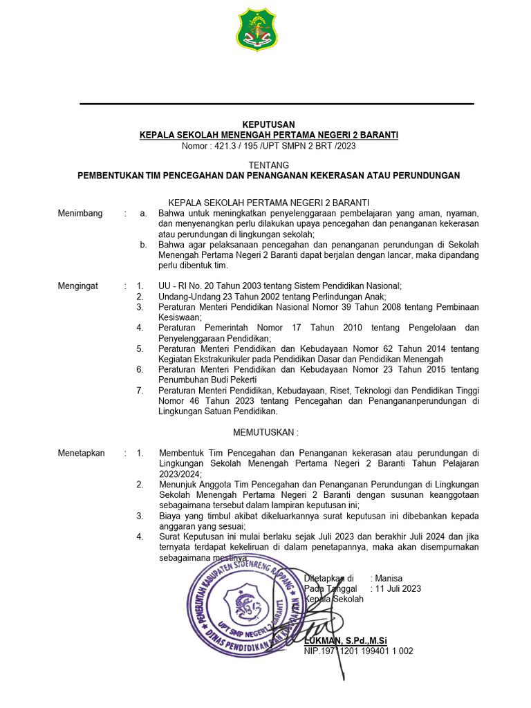 SK tim pencegahan kekerasan 2023 | PDF