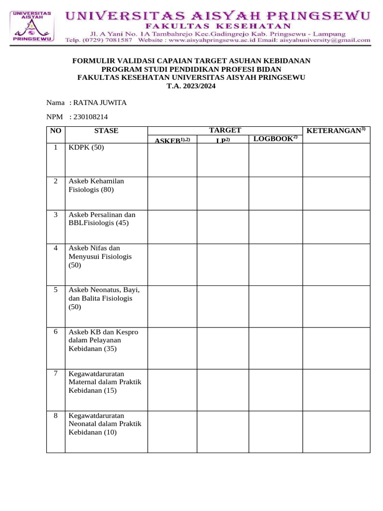 Form Validasi Target Profesi Bidan | PDF