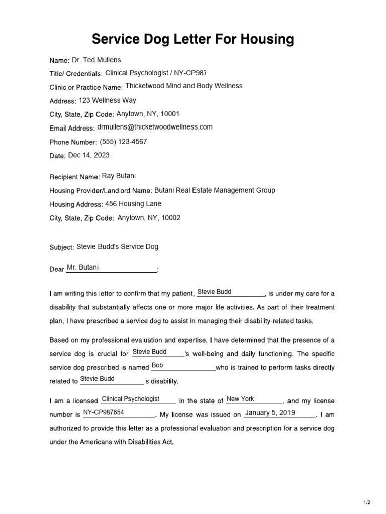 Service Dog Letter For Housing Template Sample | PDF