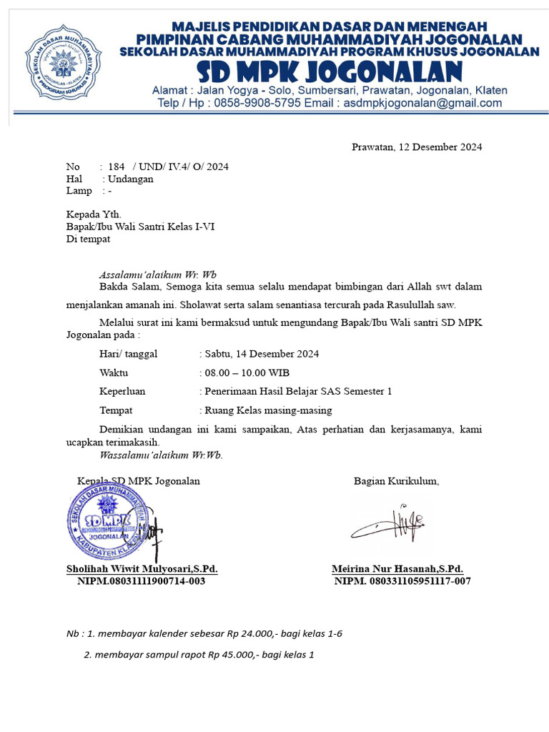 Undangan Penerimaan Rapor Sas 1 2024 2025 | PDF