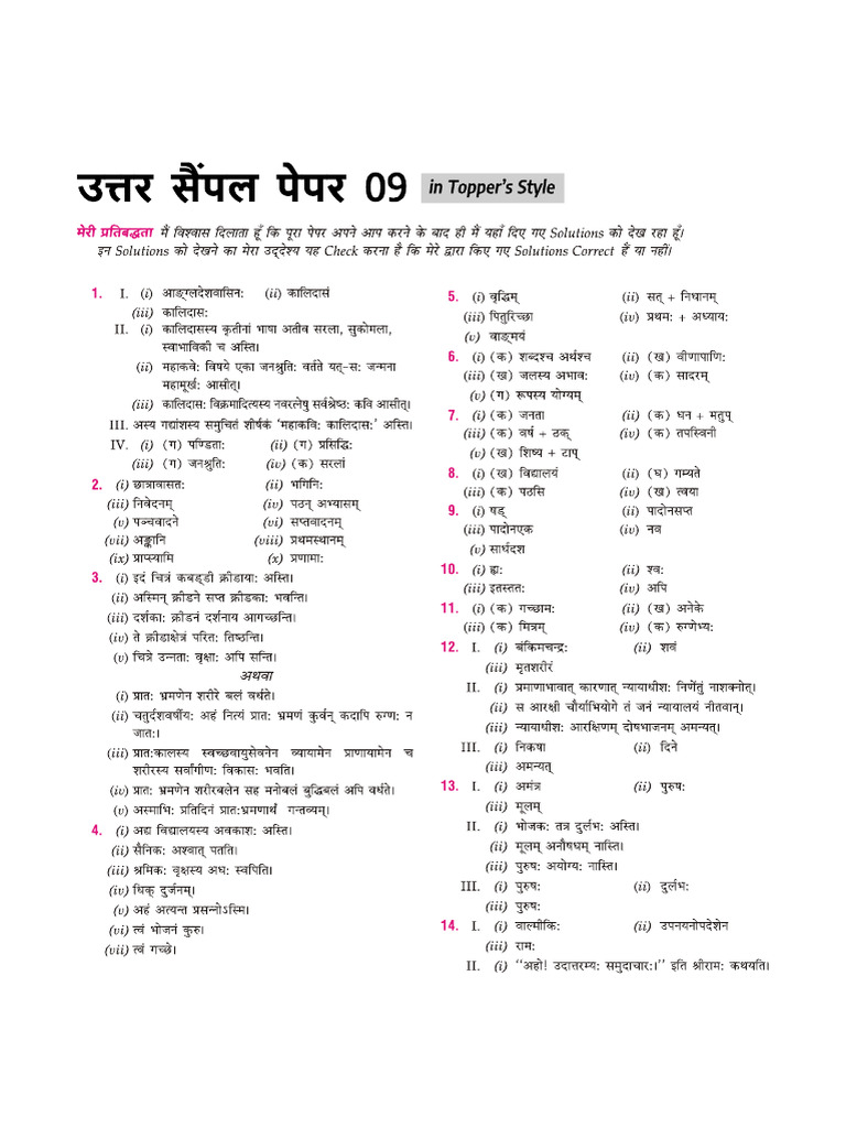 I Succeed Class 10 Sanskrit SQP 9 Solution | PDF
