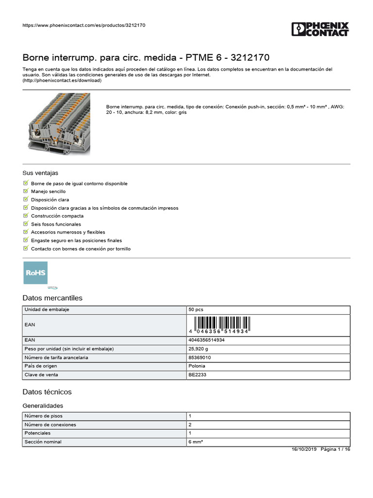Borne Interrump. para Circ. Medida - PTME 6 - 3212170: Sus Ventajas ...