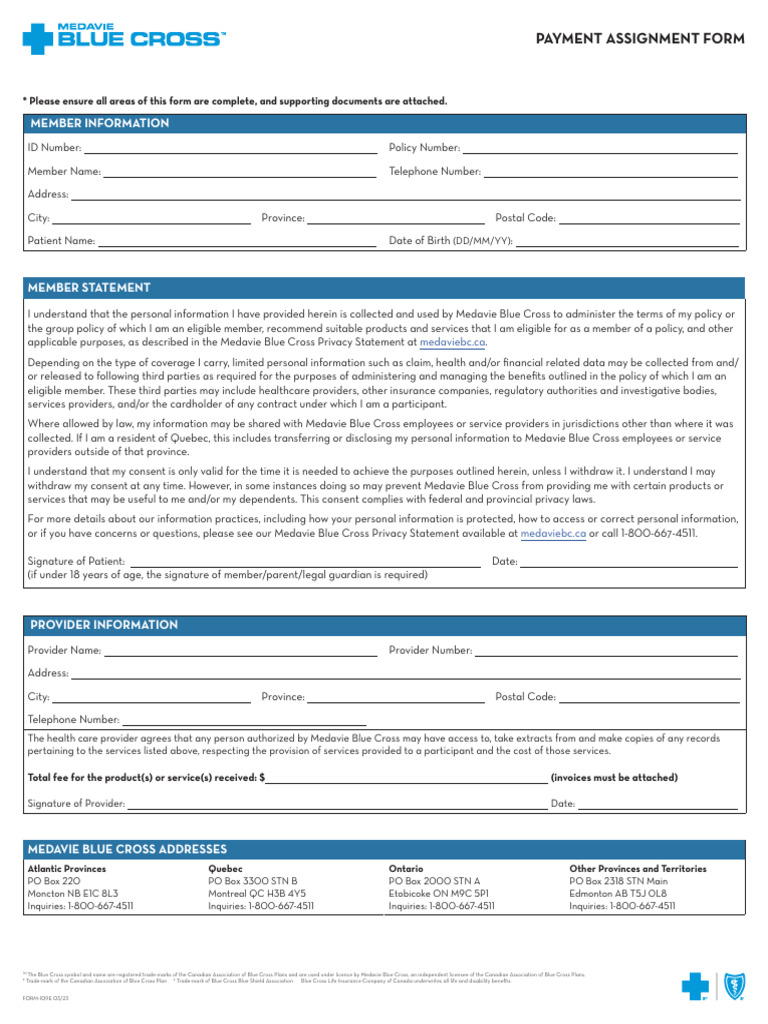 Medavie Blue Cross Payment Assignment Form | PDF | Blue Cross Blue ...