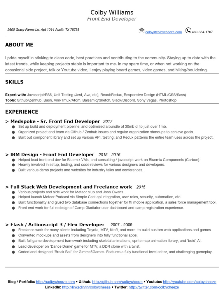 Colby Williams - 2017 Resume - Front End Developer | PDF | Web ...